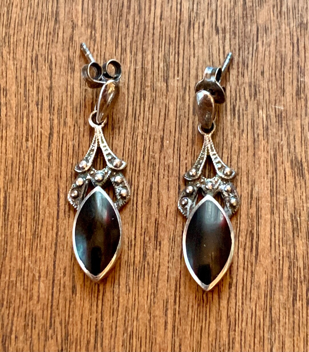 Vintage Sterling, Jet, and Marcasite Drop Earrings - Etsy