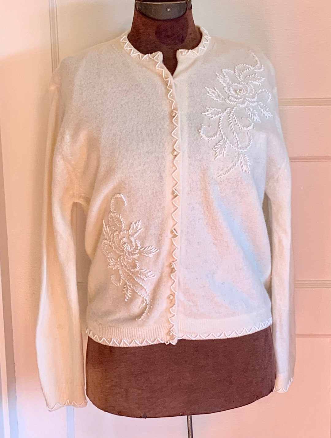 Vintage 60’s White Beaded Wool Sweater - Etsy