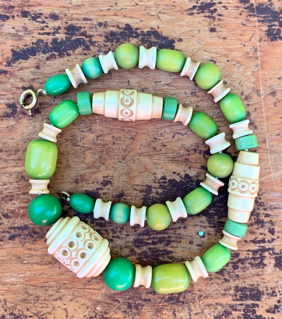Carved Celluloid Necklace in Green and Tan - Etsy