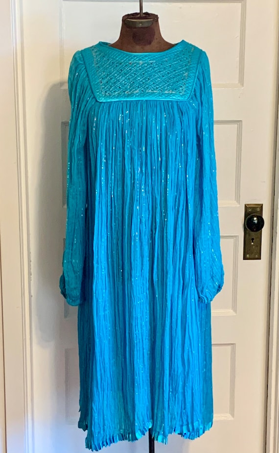 Vintage Late 70’s Turquoise Blue Metallic Gauze Dress… - Gem