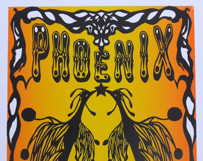 Phoenix Woodcut Print - Etsy