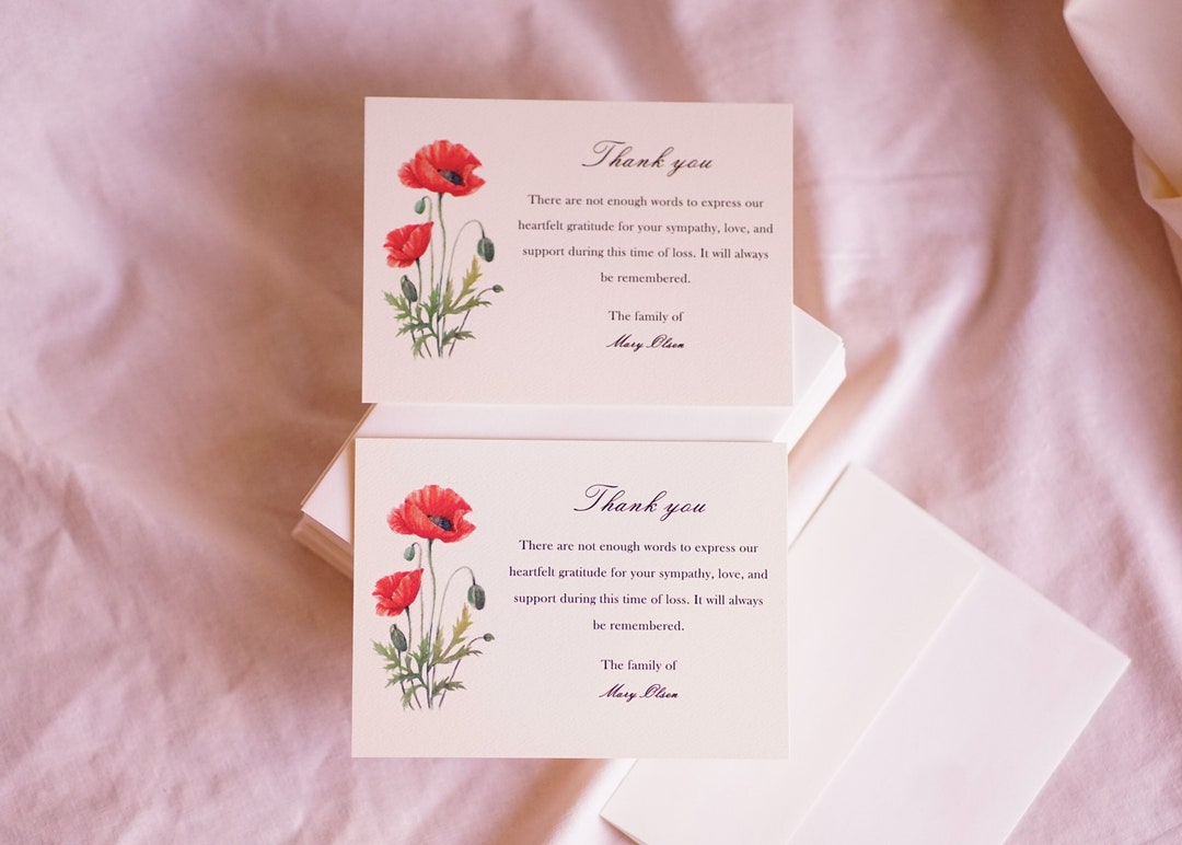 Personalized Funeral POPPY Thank You Card - Note Cards - Rustic ...