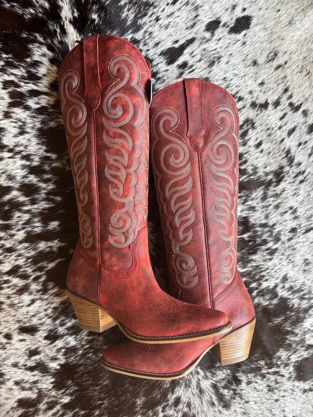 Nalejandra Tall Cowboy Cowgirl Leather Boots in Red - Etsy