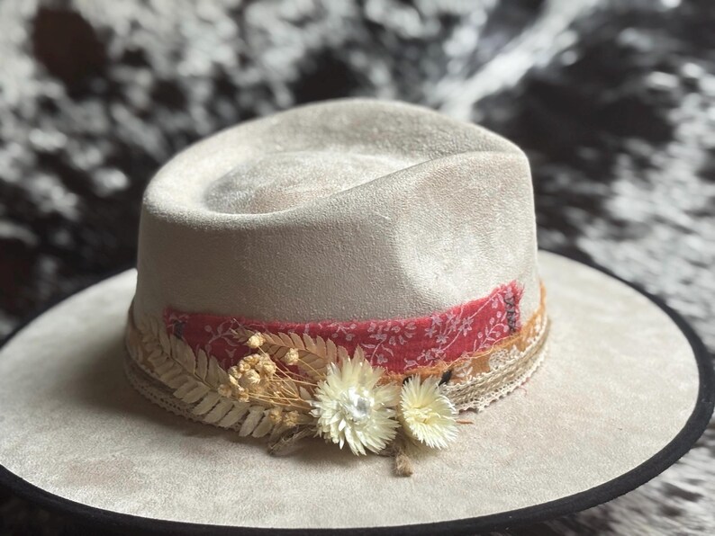 Patchwork Western Rancher Hat Hand-burned and Sewn With Sunflowers Lilies and Gerbera Daisies ...