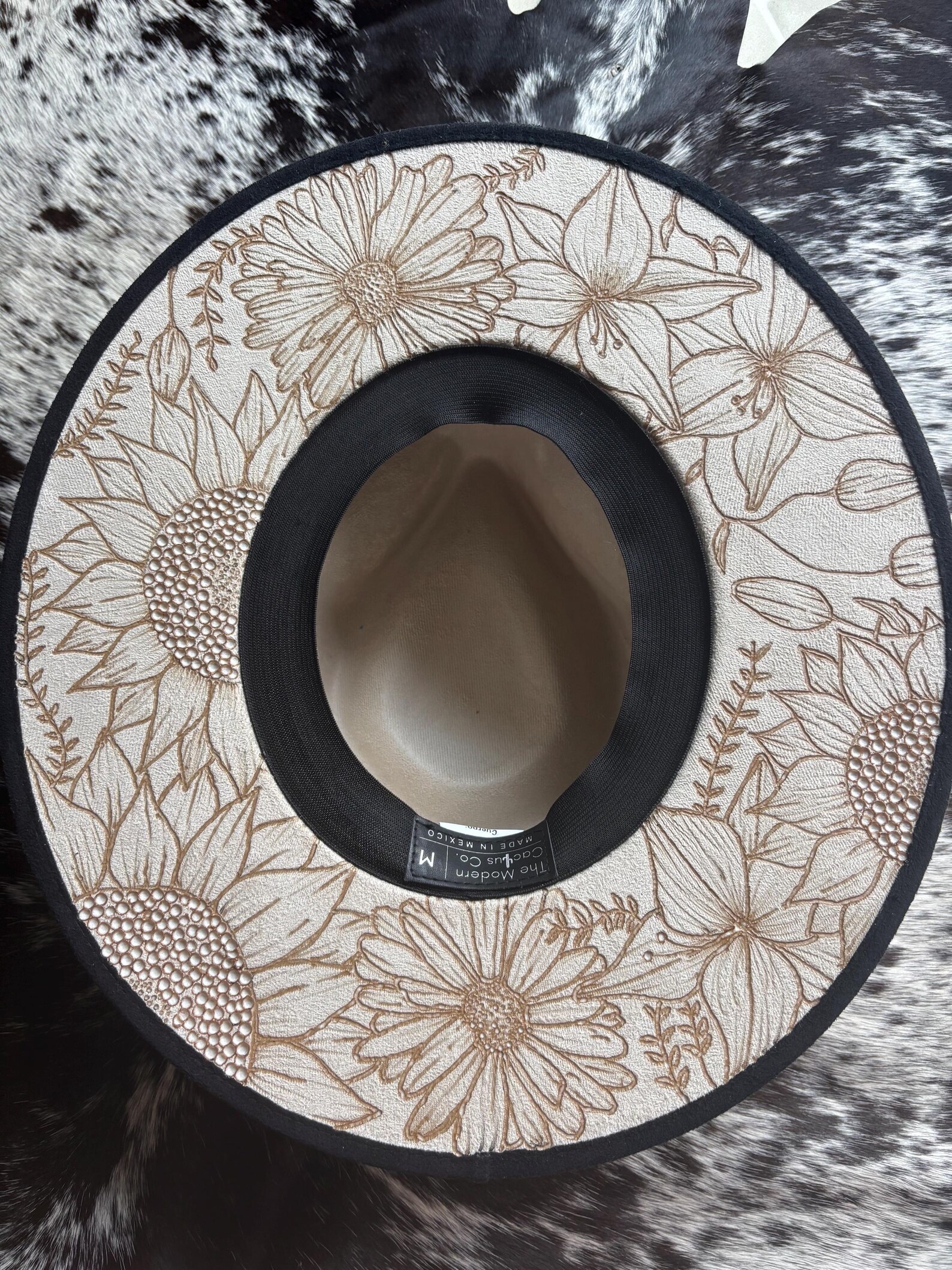 Patchwork Western Rancher Hat Hand-burned and Sewn With Sunflowers Lilies and Gerbera Daisies ...