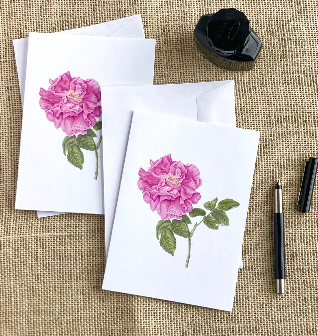 Pink "apothecary's Rose" Note Cards-4 Blank Cards With Envelopes-all ...