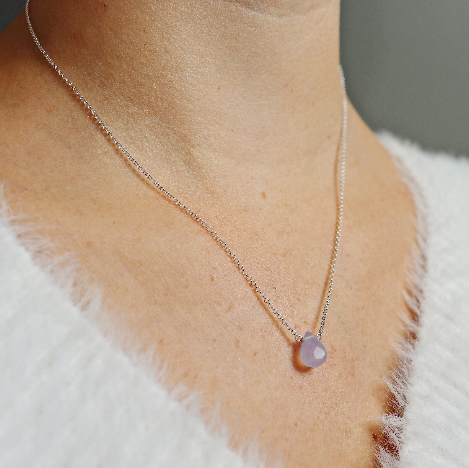 Light Blue Chalcedony Faceted Teardrop Necklace on Sterling Silver or ...