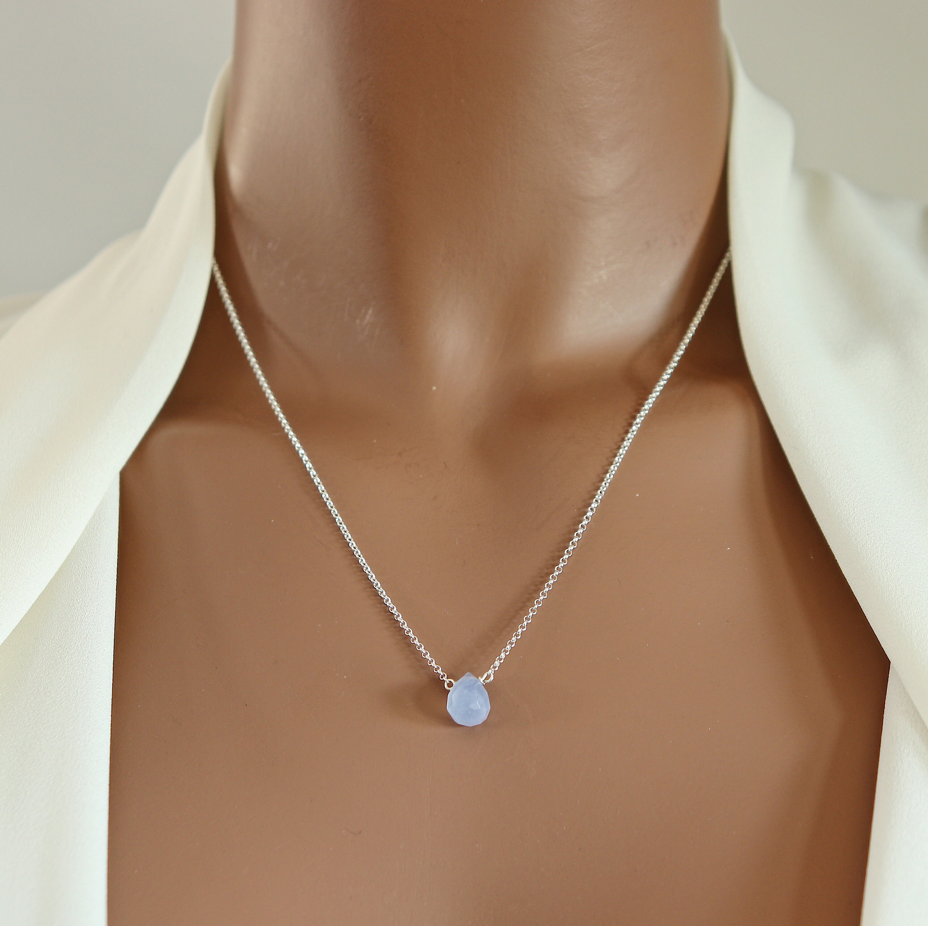 Light Blue Chalcedony Faceted Teardrop Necklace on Sterling Silver or ...