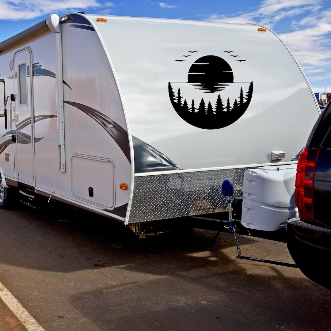 Sunset Lake Decal for RV Camper, Waterproof RV Decal, Mountain Trees ...