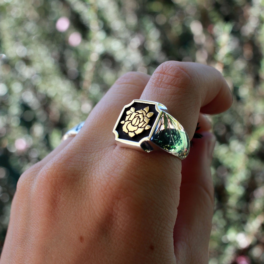 Golden Shield Rose Signet, Tattoo Rose, Traditional Rose, Statement Ring - Etsy