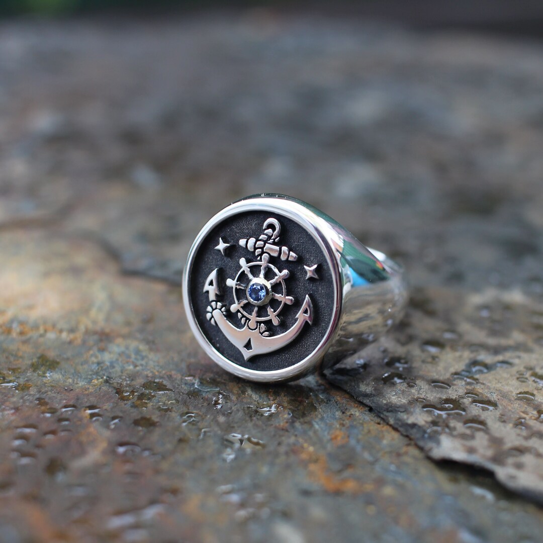 First Mate Signet Ring, Nautical Ring, Anchor Ring, Sapphire Signet ...