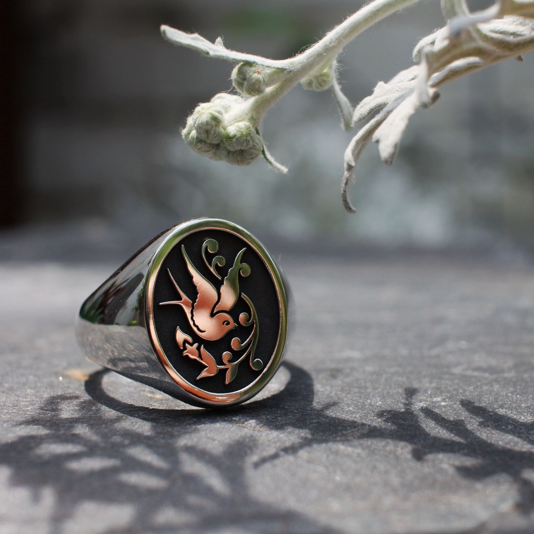 Swallow Signet Ring, Silver Sailor Jerry Ring, Oval Signet Ring - Etsy