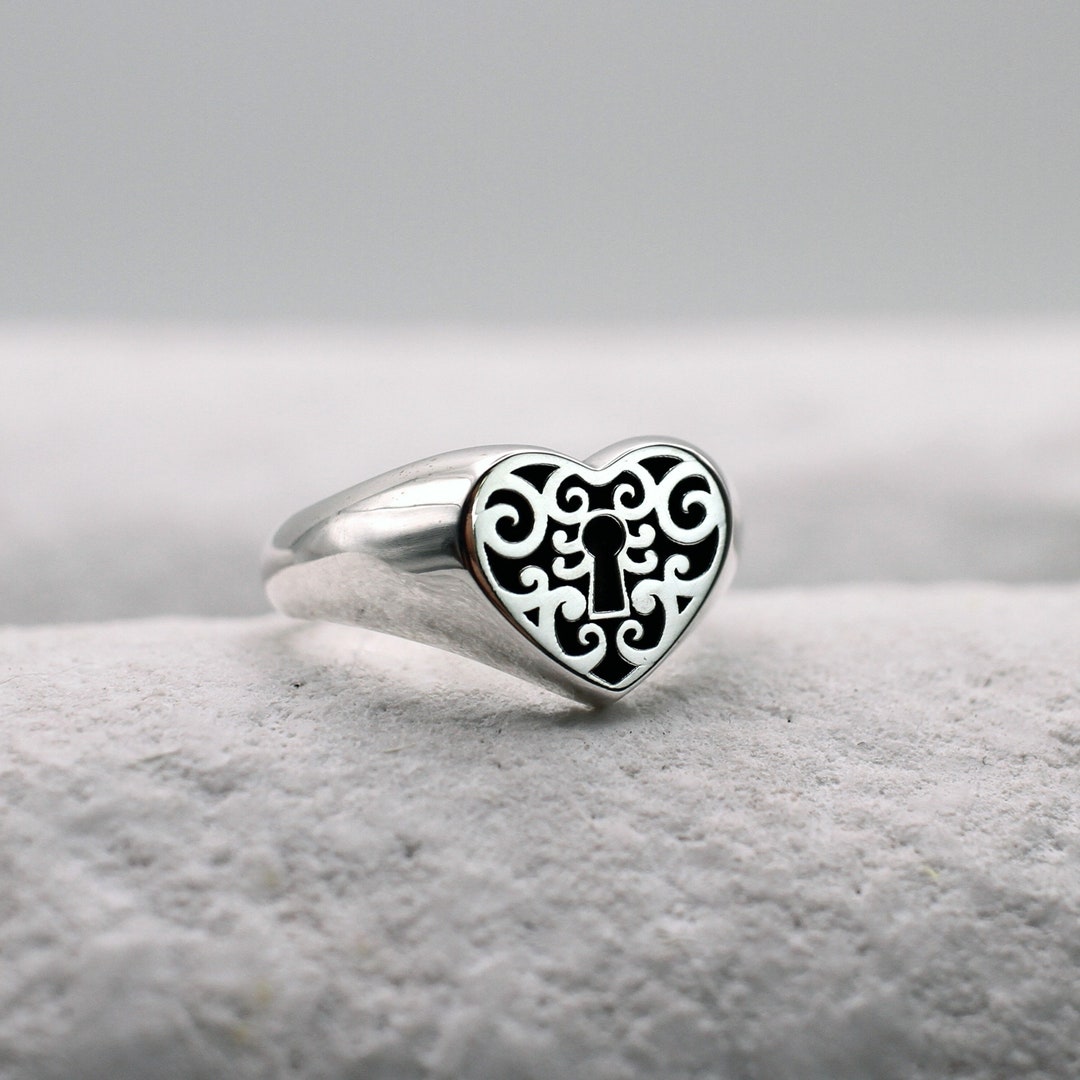 Heart Lock Ring, Romantic Sterling Silver Signet - Etsy