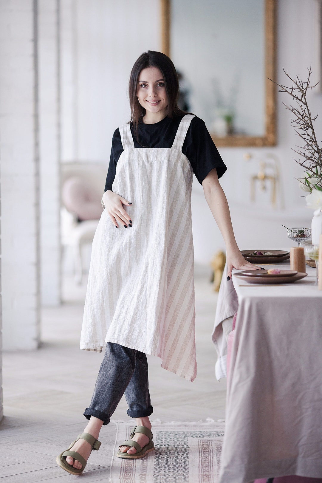 Linen Apron Cross Back Linen Apron Japanese Apron Women Aprons Pinafore ...