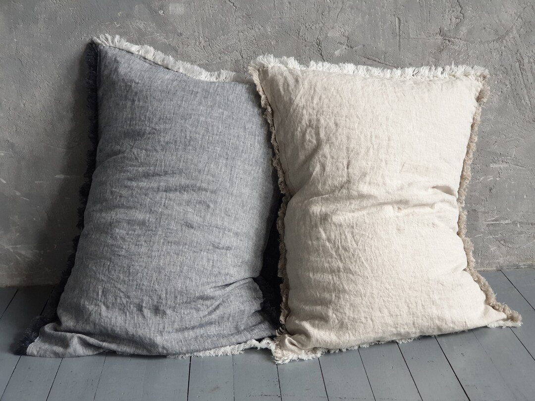 Linen Pillow Case Fringed Linen Pillow Cover Linen Pillow Sham Standard ...