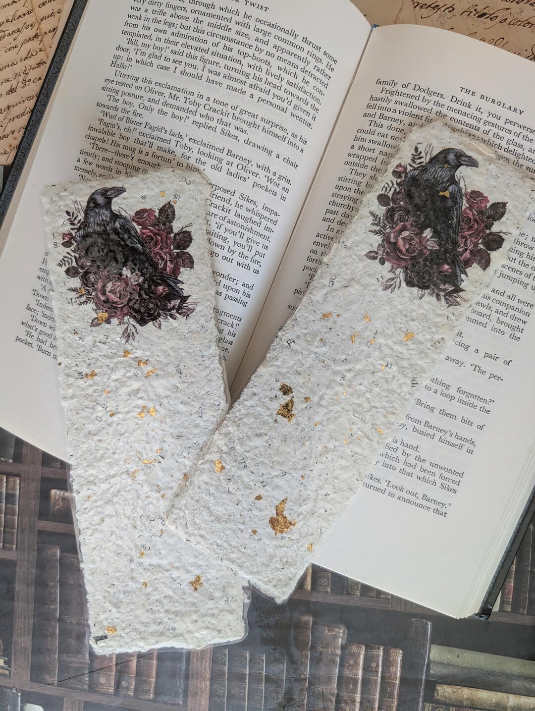 Crow Bookmark | Handmade Paper From Old Books | Gold Foil | Floral ...