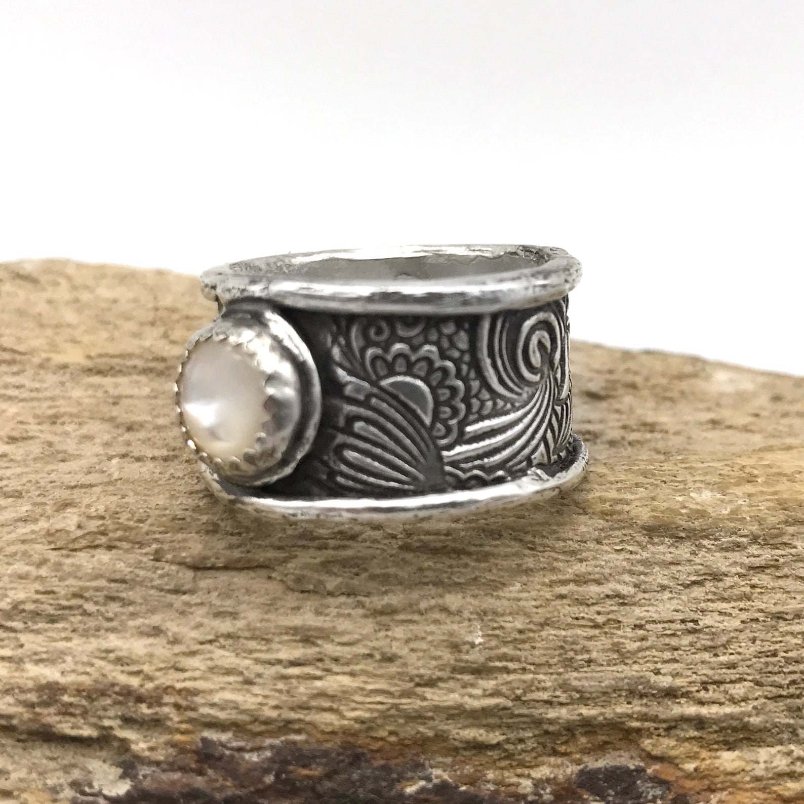 Silver Wide Band Ring Boho Jewelry, Rustic Silver Ring With Pearl ...