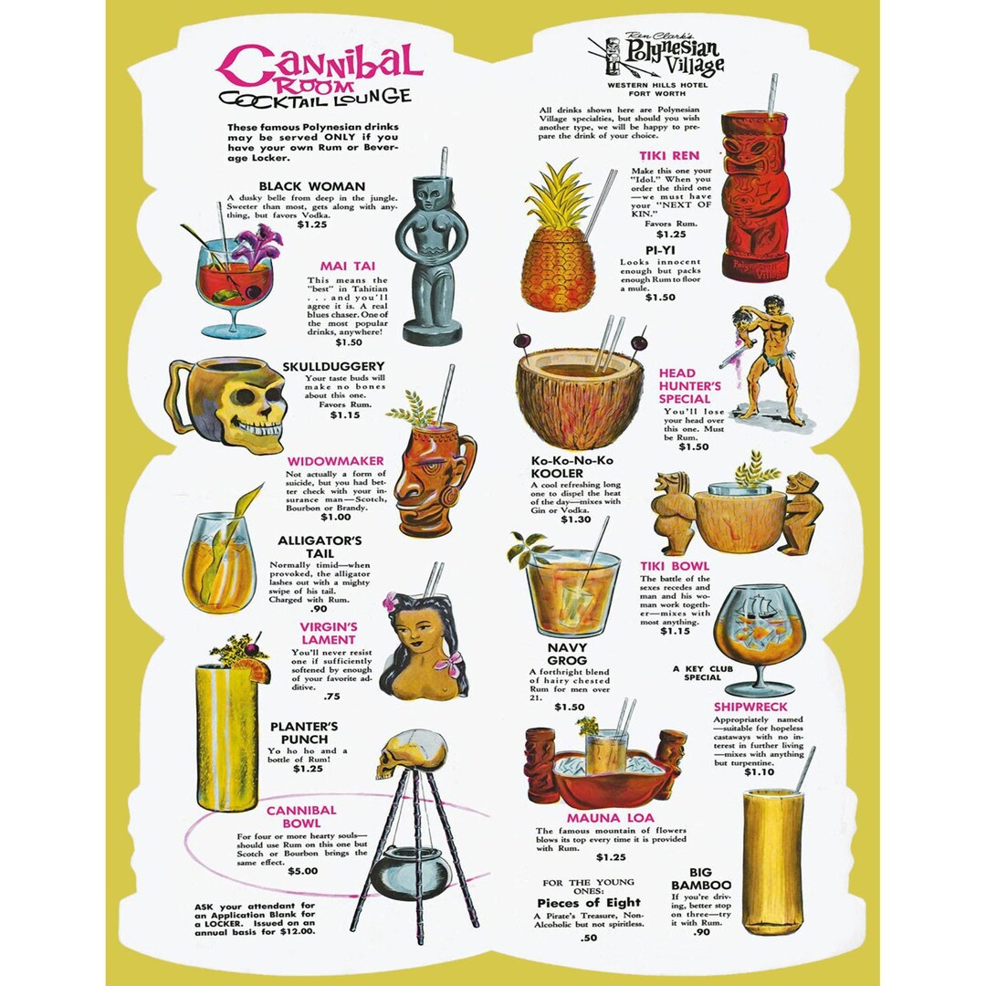 Retro Cannibal Room Tiki Drink Menu Print 11x14, 16x20, 24x30 - Etsy