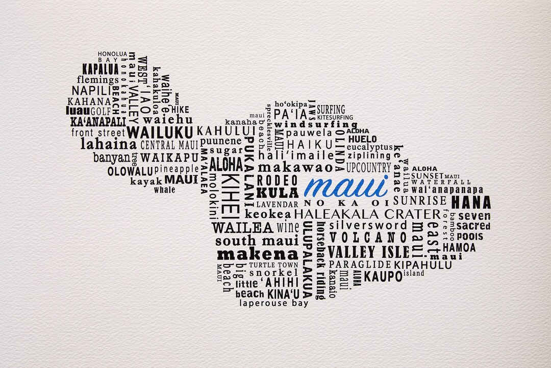 Maui Typography Map Print - Etsy