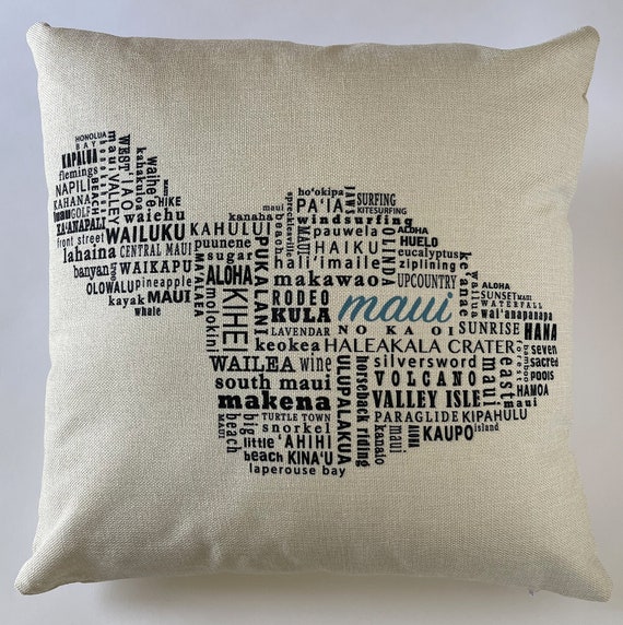 Maui Typography Map Throw Pillow 15x15 Linen | Etsy