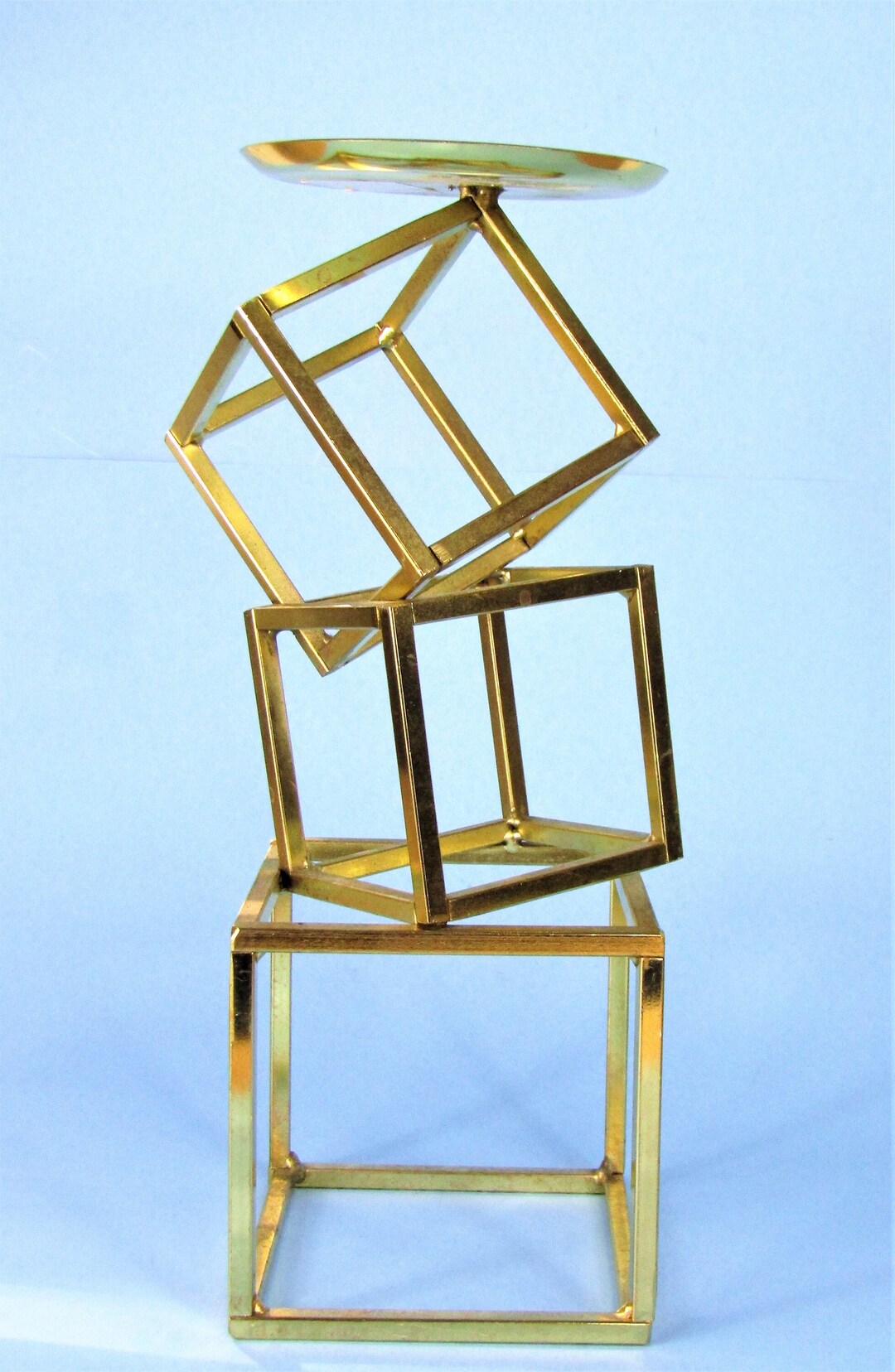 Brutalist Geometric Cubes Gold Metal Sculpture 13" Tall Mid-century ...