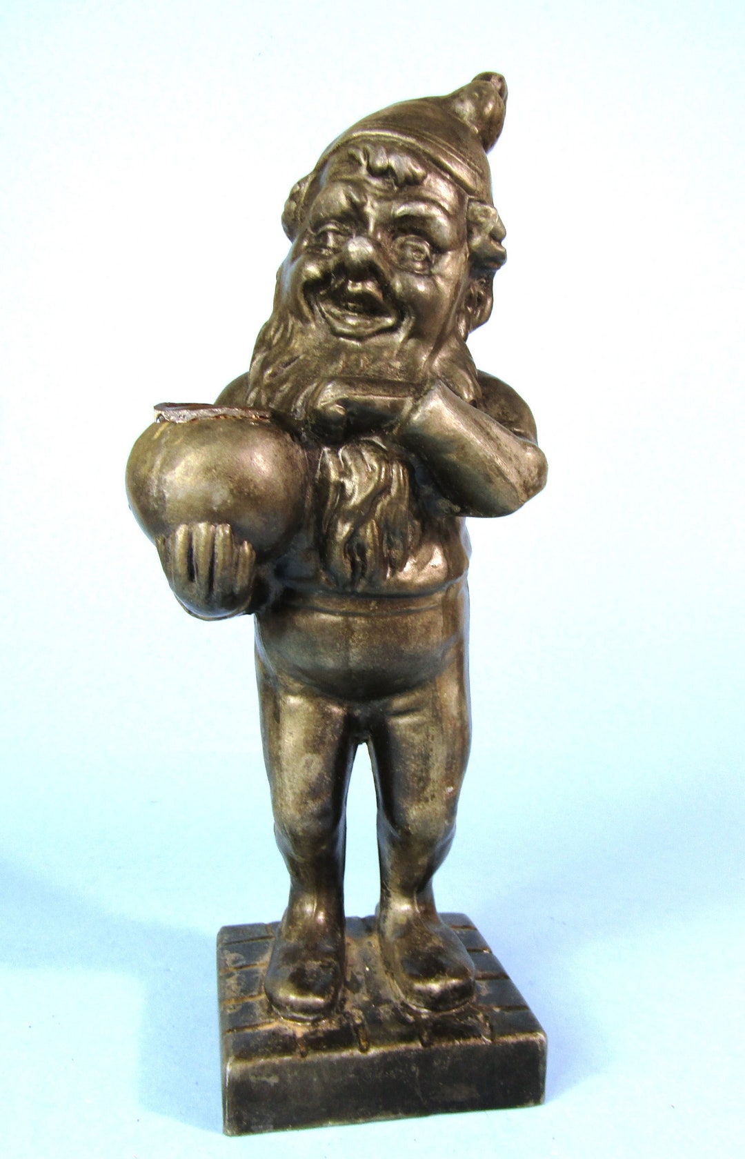 Vintage Cast Metal Garden Gnome Statue Candle Holder Incense Holder 11 ...