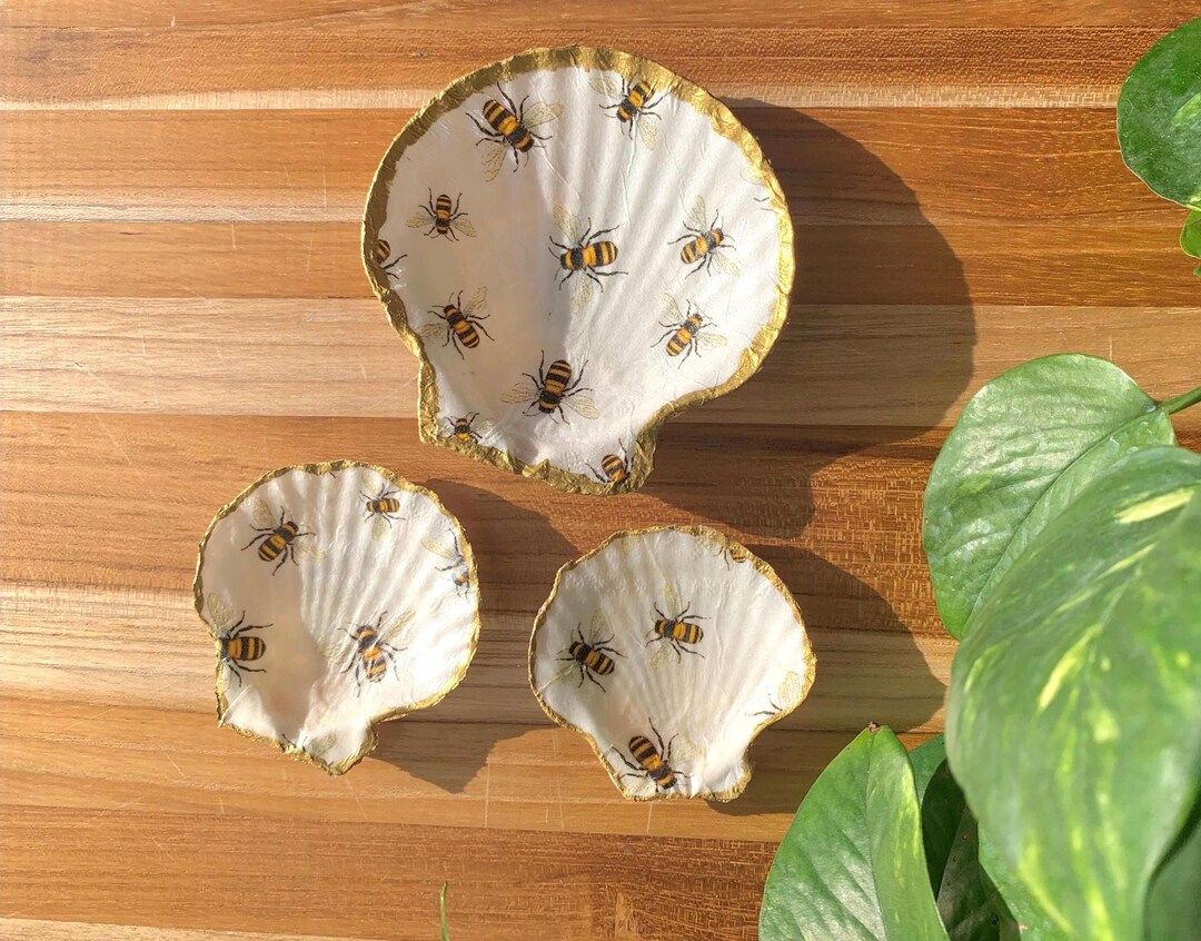 Bumblebee Scallop Shell Trinket Dish Ring Holder Bee Home Decor Jewelry ...