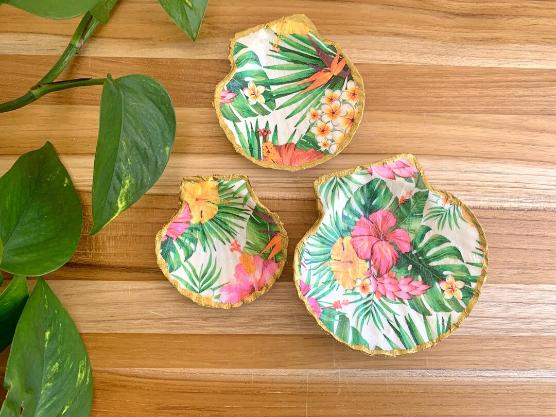Hibiscus Flower Shell Art Scallop Trinket Dish Ring Holder Plant Home ...