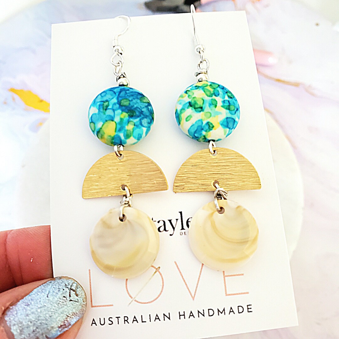 Gold Semi Circle Blue Rainbow Riverstone Earrings Coral Shell Handmade Dangle Earrings - Etsy