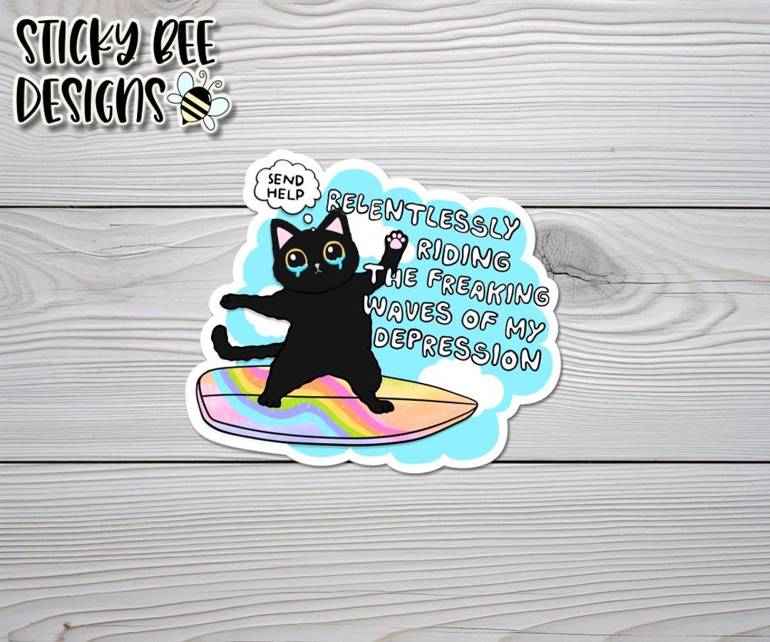 Depression Wave Cat Vinyl Sticker, Funny Stickers, Die Cut Stickers ...