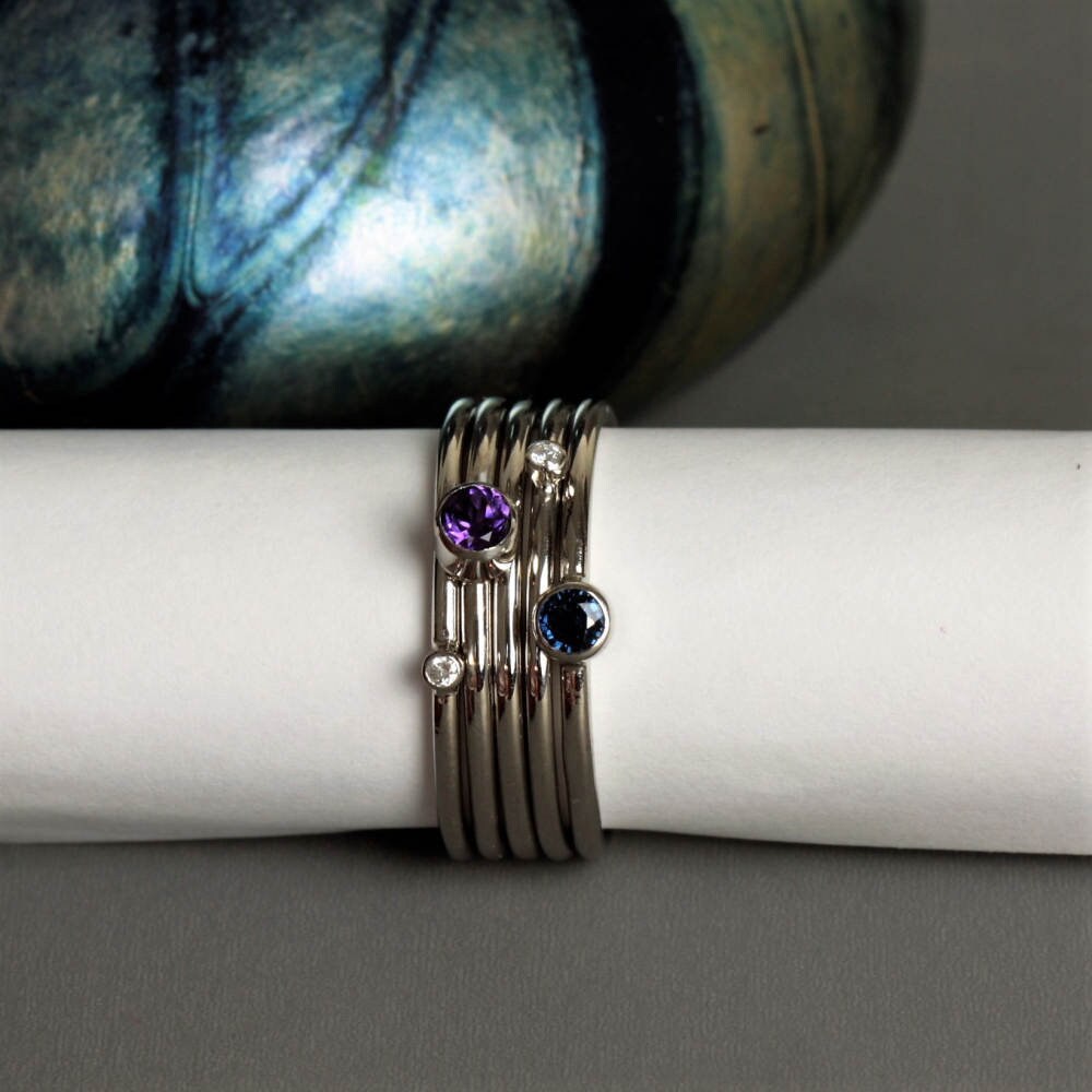 Platinum birthstone stacking rings family birthstone ring | Etsy