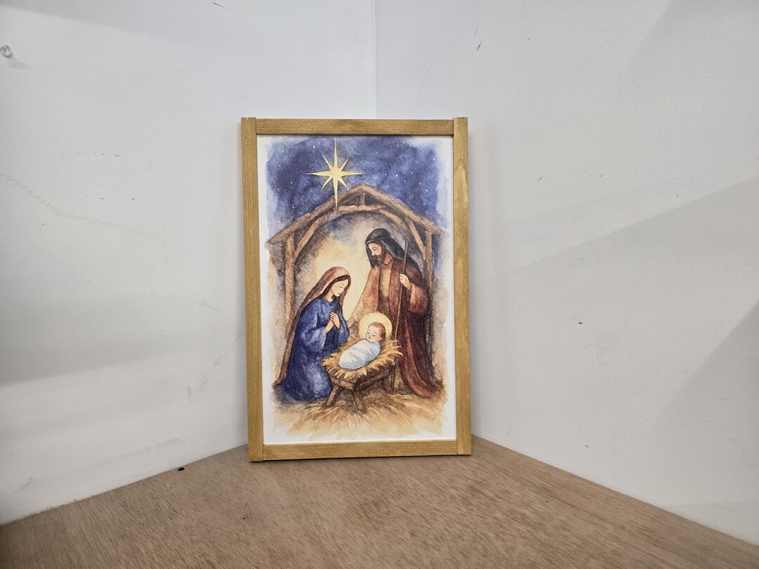 Rustic Nativity Scene Sign – Framed Christmas Manger Art With Holy ...