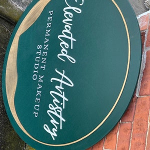 Custom Sign Round Business Makeup Studio Green Gold Elevated Commerical ...