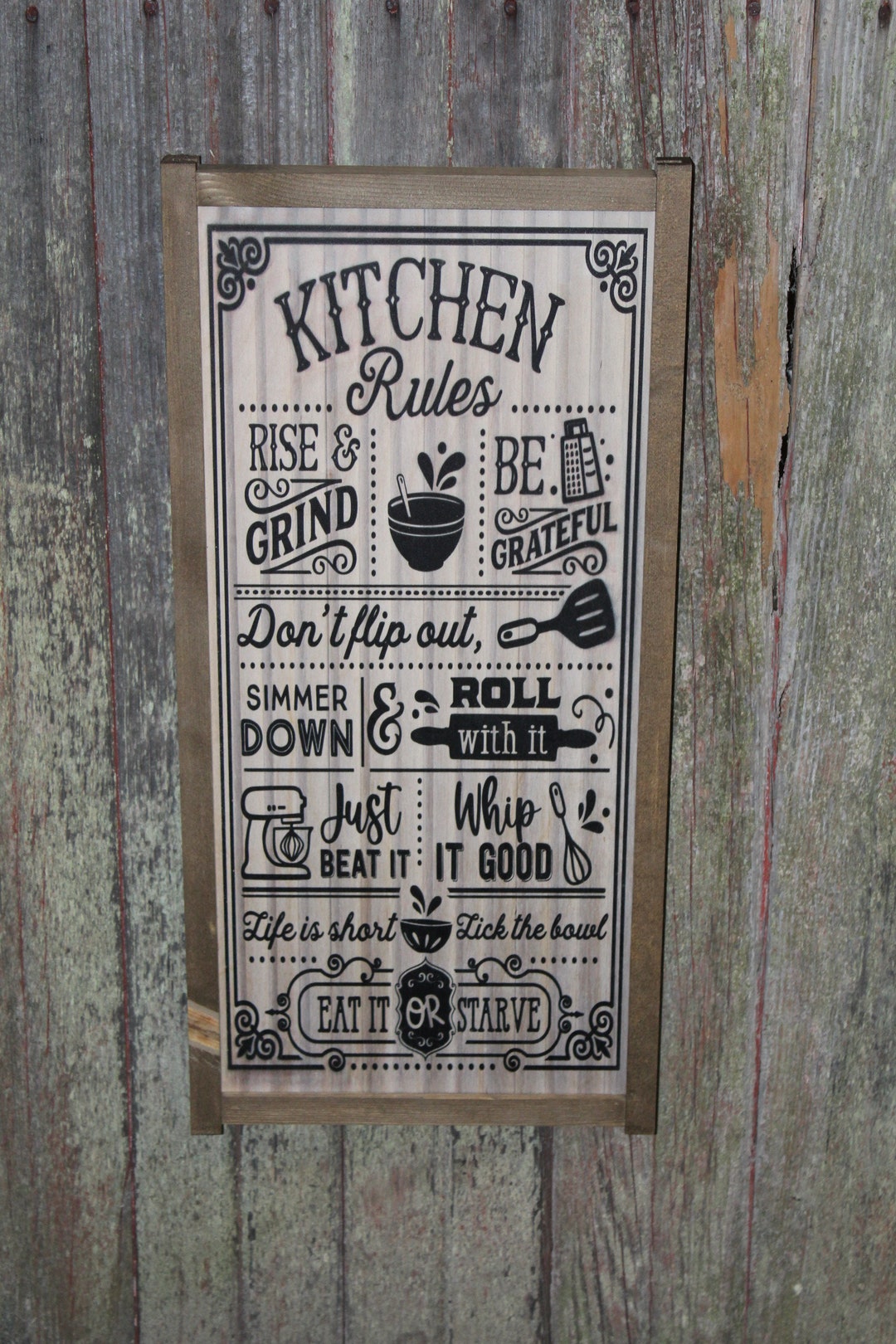 Kitchen Rules Wood Sign Shiplap Silly Funny Pun Don't Flip Out Eat It ...
