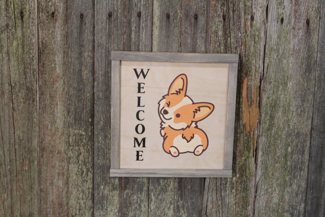 Framed Corgi Welcome Wood Sign Fluffy Butt Winking Dog Welsh - Etsy