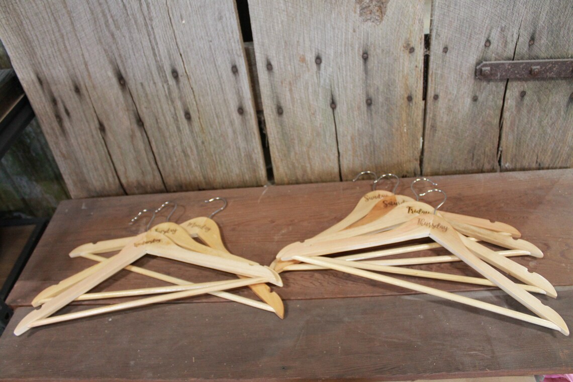 Days of the Week Set of 7 Engraved Wooden Clothes Hangers Sturdy Monday ...