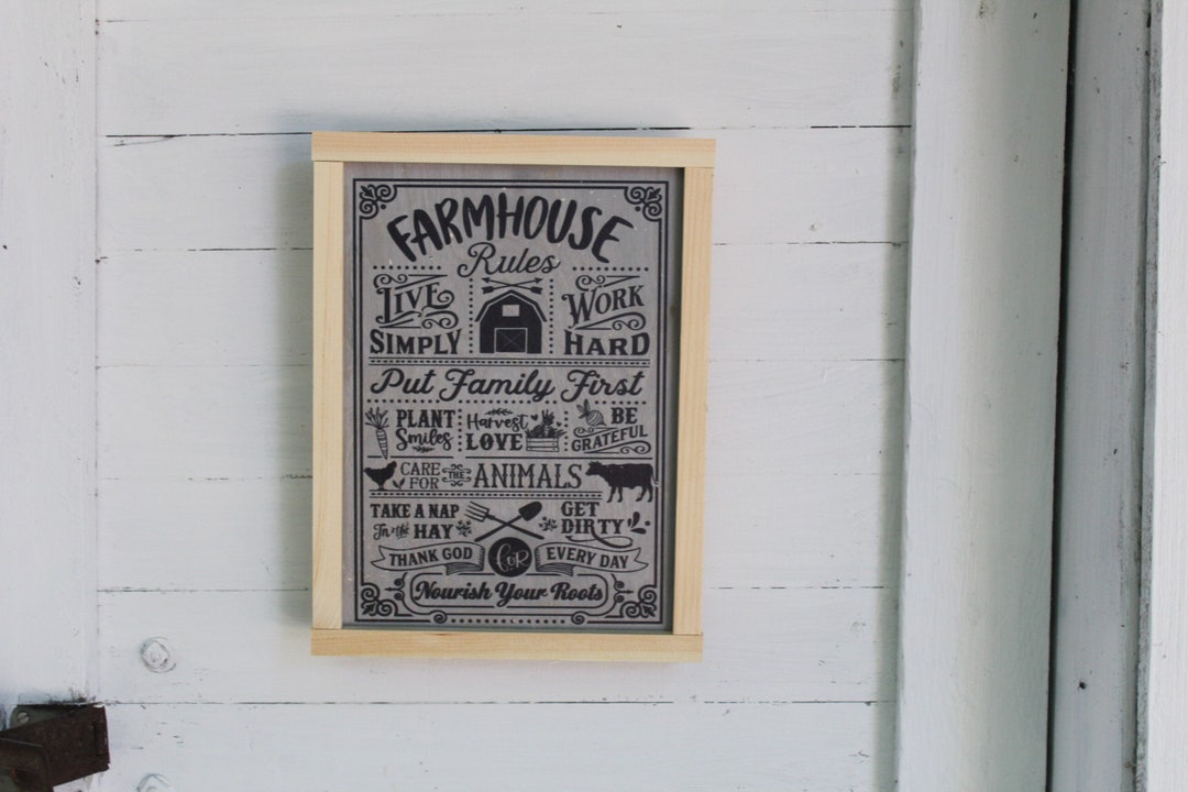 Farmhouse Rules List Wood Sign Farmer Farm Barn Plant Harvest Cow Wall ...