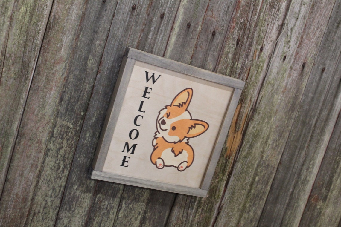 Framed Corgi Welcome Wood Sign Fluffy Butt Winking Dog Welsh - Etsy