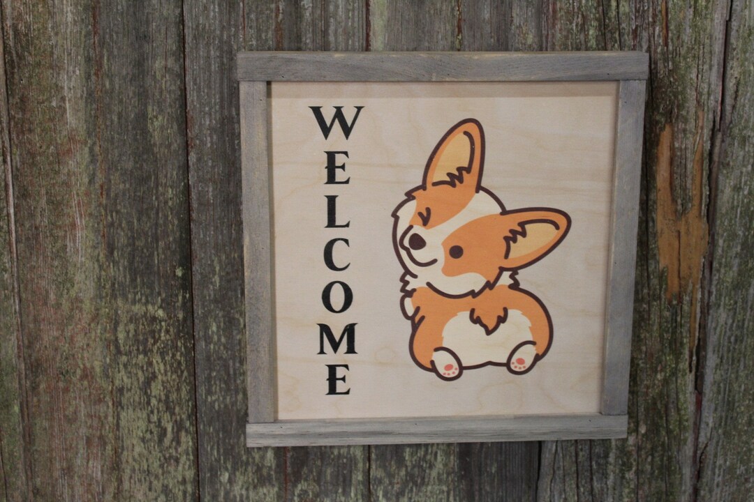 Framed Corgi Welcome Wood Sign Fluffy Butt Winking Dog Welsh Corgi ...