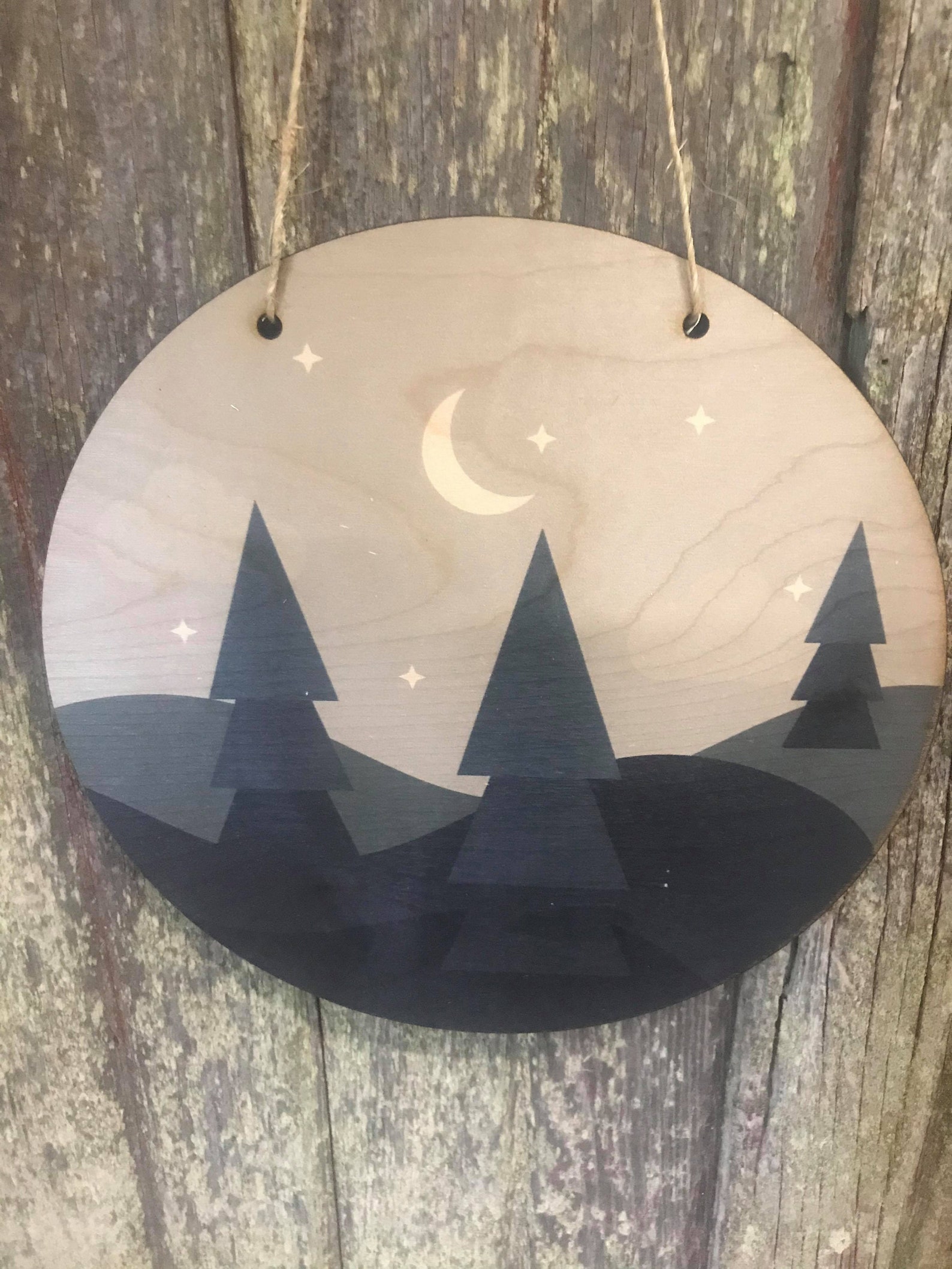 Night Time Dark Moon Pine Trees Sign Round Scenic Wood | Etsy