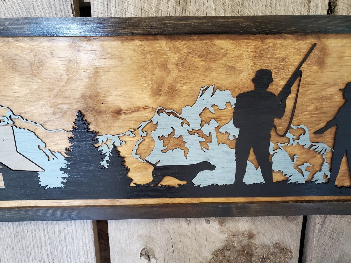 Rustic 3D Hunting Sign Raised Hunter Bird Dog Mountain Range - Etsy
