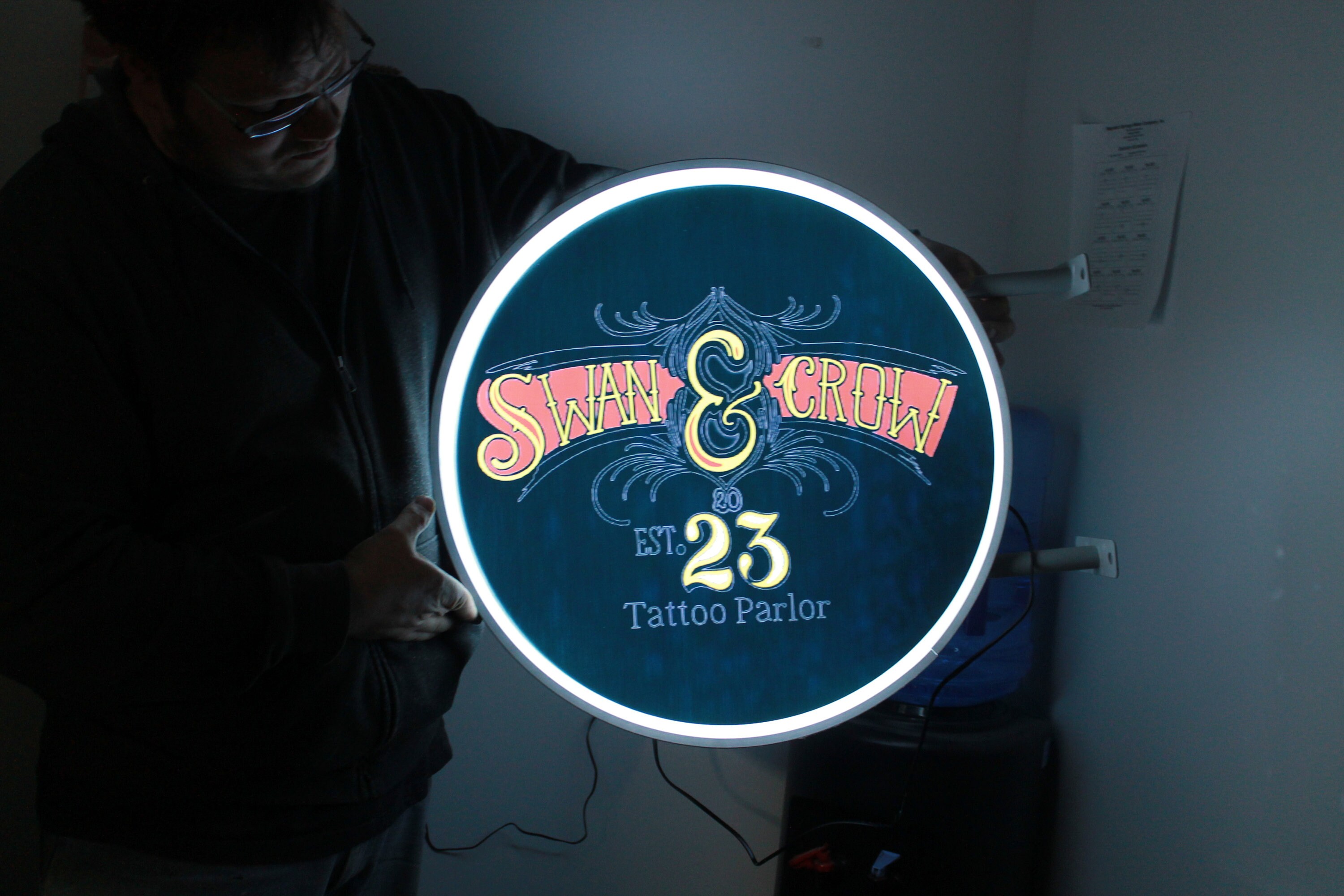 Custom Outdoor Tattoo Parlor Crow Round Led Light Blade Sign Wall or ...