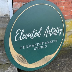 Custom Sign Round Business Makeup Studio Green Gold Elevated Commerical ...