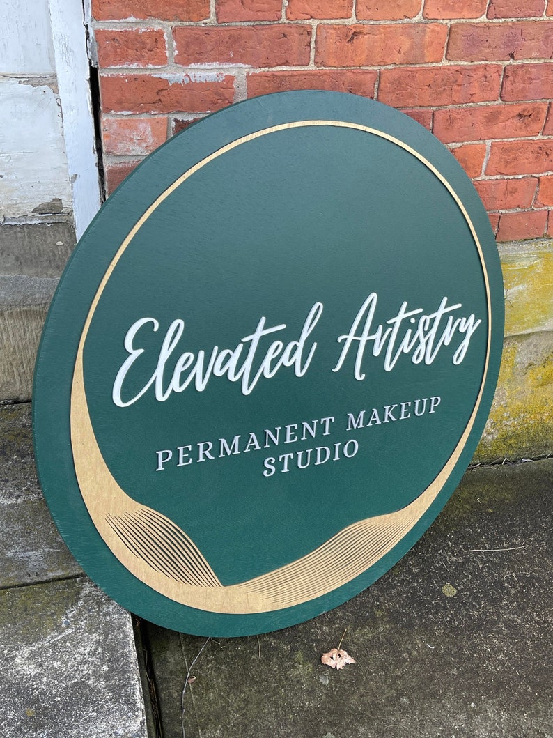 Custom Sign Round Business Makeup Studio Green Gold Elevated Commerical ...