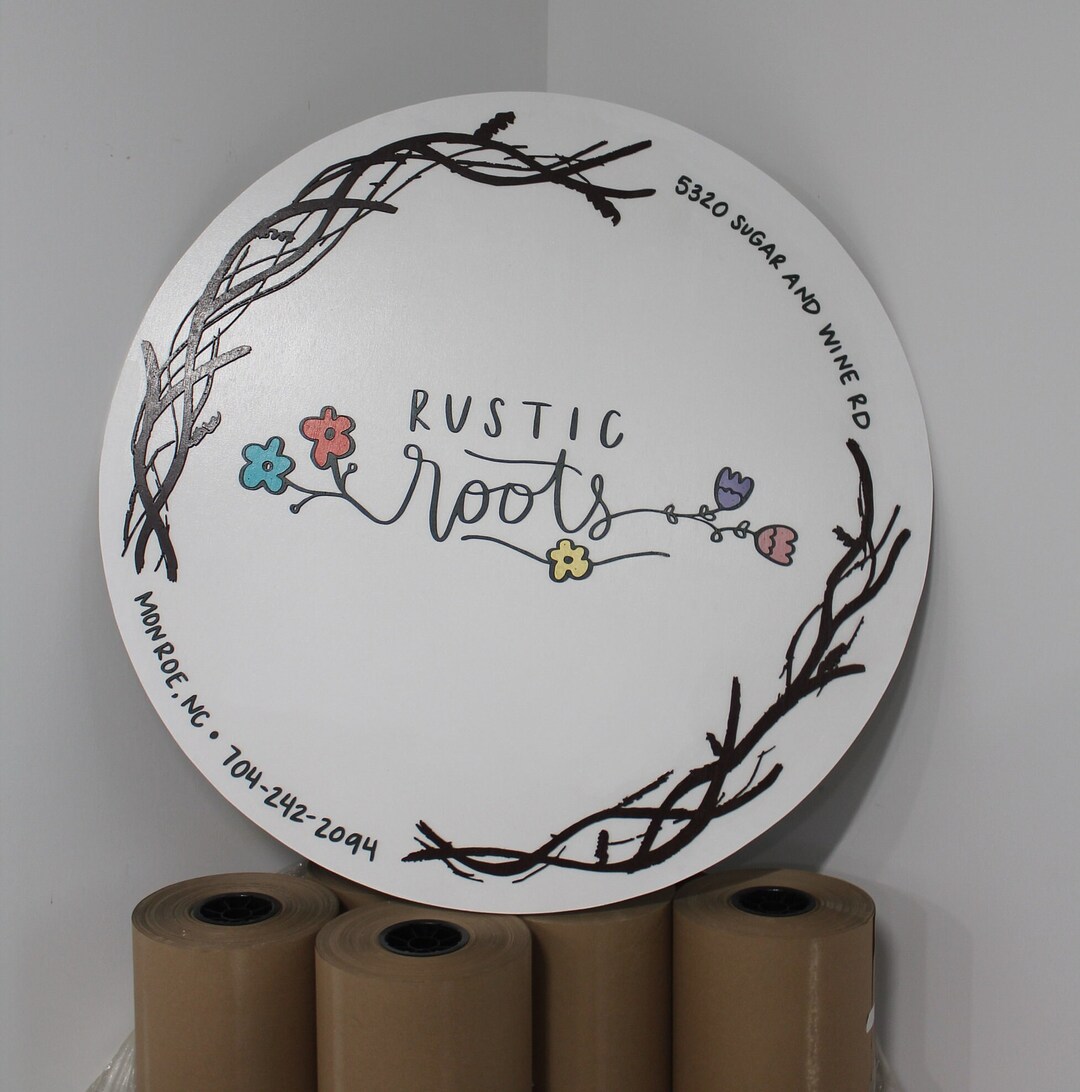 Custom Business Sign Round Rustic Roots Floral Hoop Branches Trees Made ...