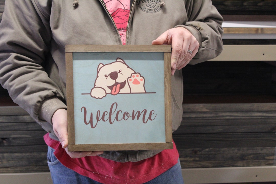 American Eskimo Welcome Wood Sign Fluffy Waving Dog Samoyed Puppy Print ...