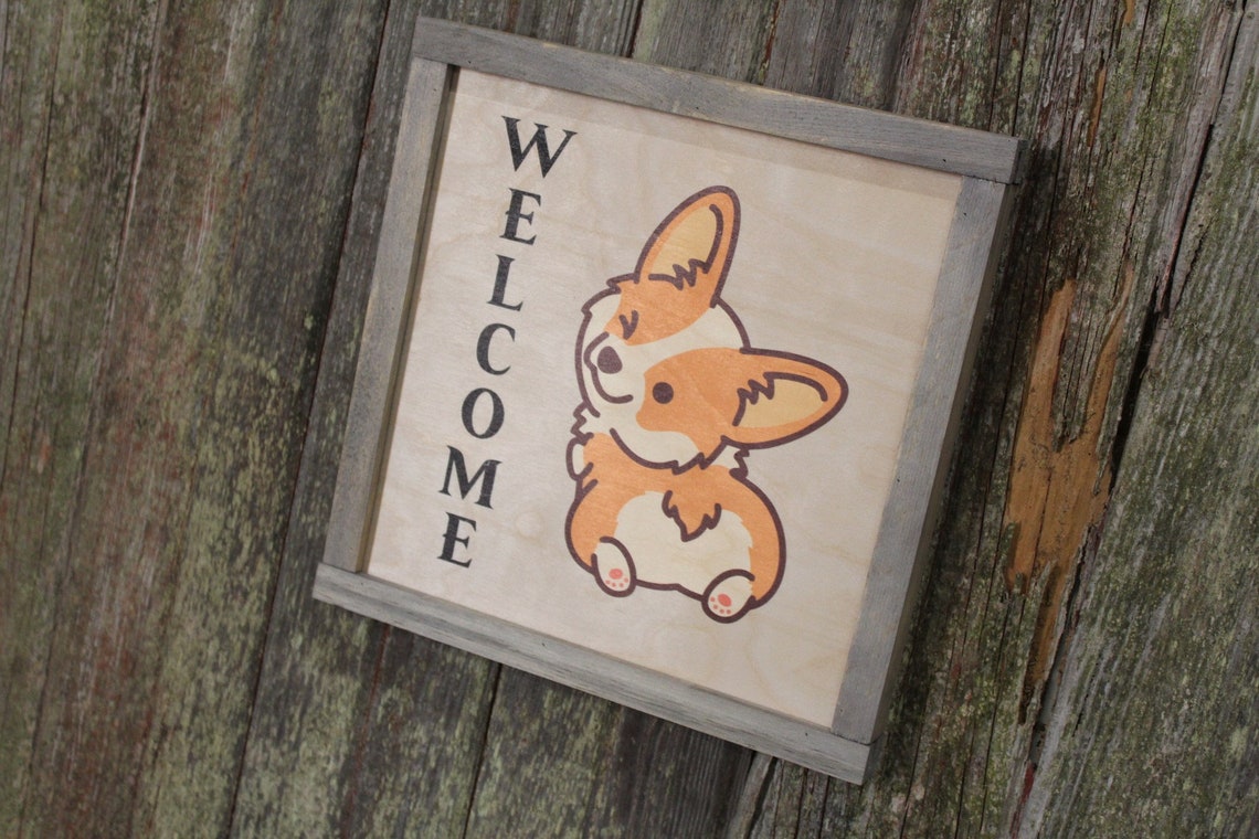 Framed Corgi Welcome Wood Sign Fluffy Butt Winking Dog Welsh - Etsy