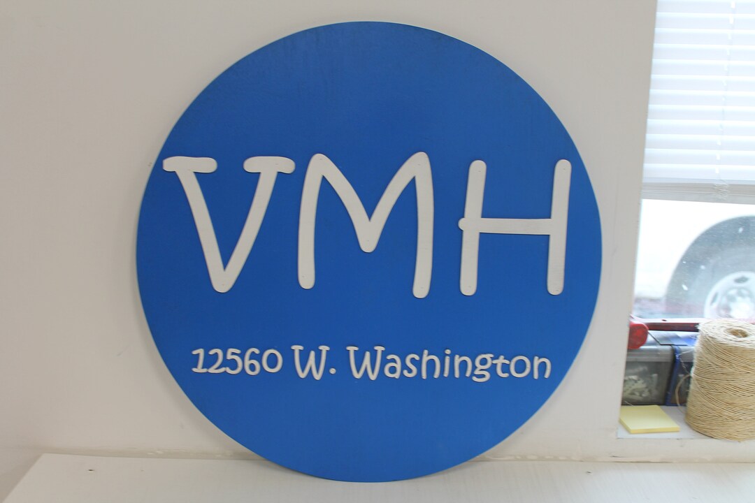 Address Brand Sign Blue White Simple Location Minimalist Custom Round ...