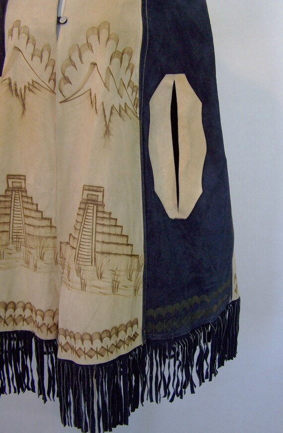 RARE 70s Aztec Mexican Theme Tooled Leather Suede Pon… - Gem