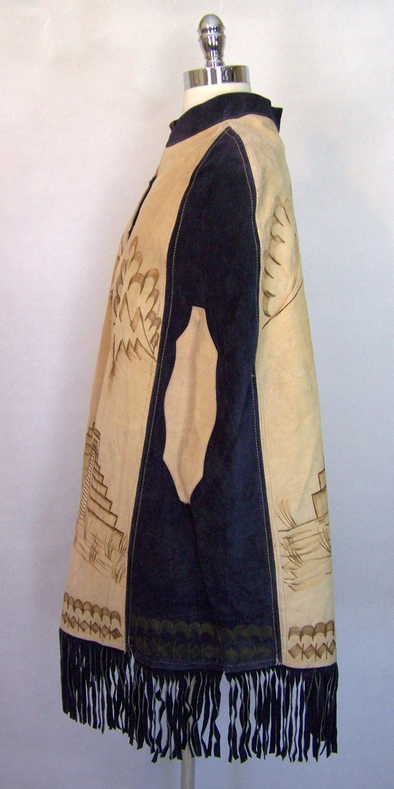 RARE 70s Aztec Mexican Theme Tooled Leather Suede Pon… - Gem